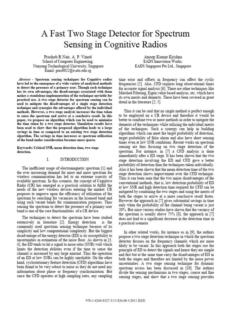 A Fast Two Stage Detector For Spectrum Sensing in Cognitive Radios ...