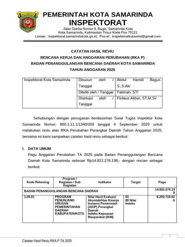 Reviu RKA Perubahan BPBD Samarinda 2025 | PDF