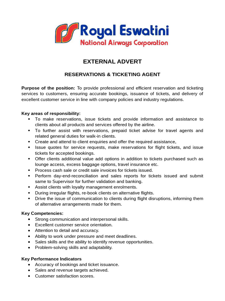 Reservations & Ticketing Agent Vacancy | PDF | Economies | Business