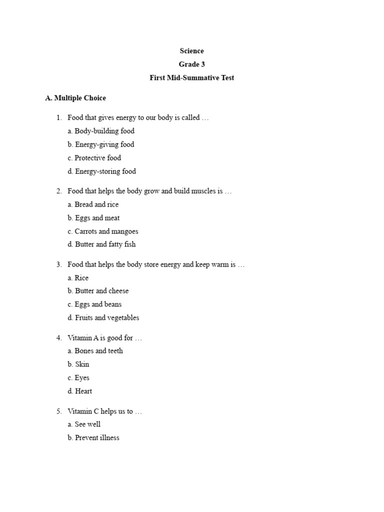Science Grade 3 1st Mid Summative Test | PDF | Foods