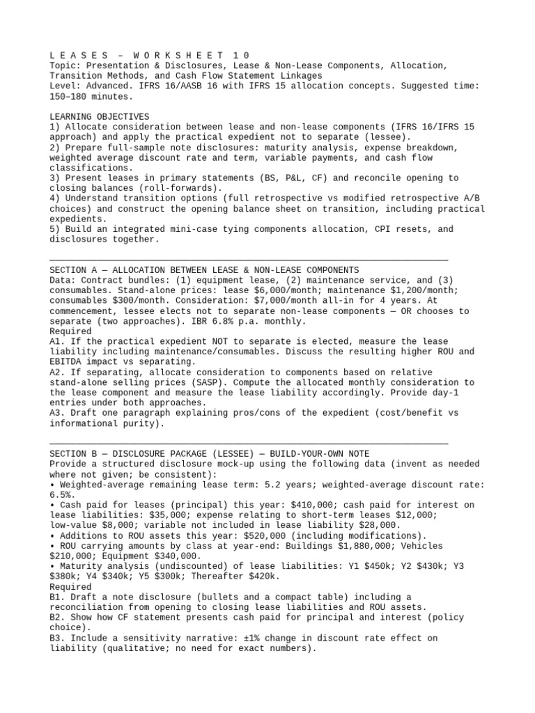 Worksheet 10 Leases Disclosures Presentation Components Transition | PDF | Lease | Income Statement