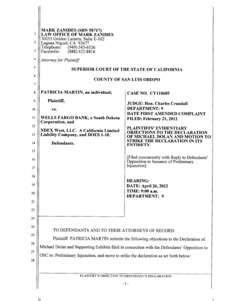 Plaintiff Evidentiary Objections to Dolan Declaration