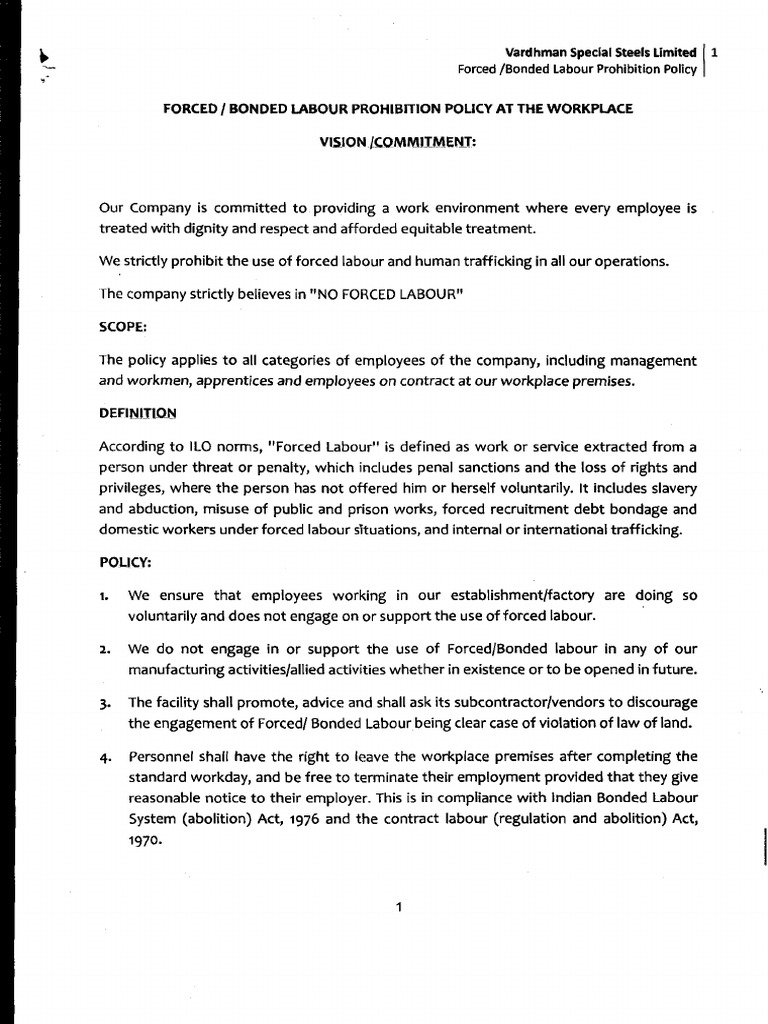 Forced Bonded Labour Prohibition Policy | PDF