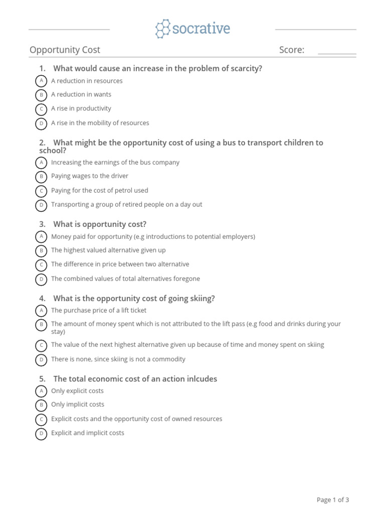 005a1e Quiz On Scarcity | PDF | Cost Of Living | Opportunity Cost