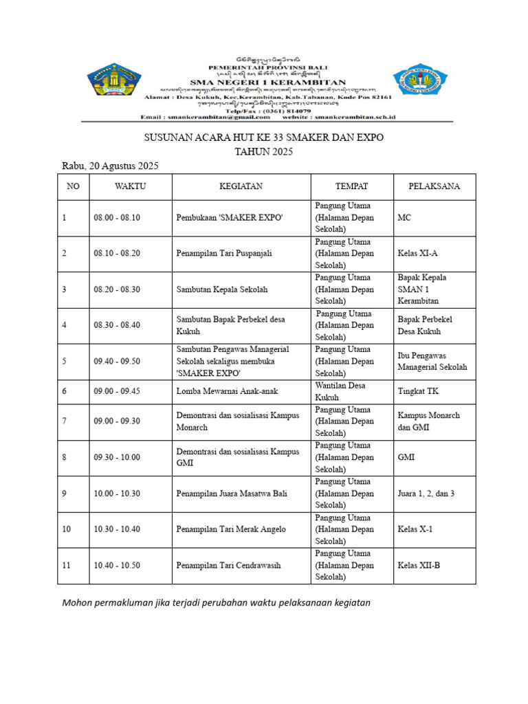 Susunan Acara HUT 33 SMAKER 2025 | PDF