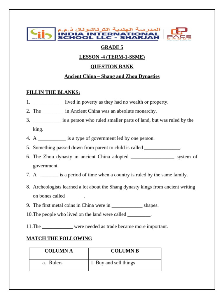 Ssme-Chapter 4 - Ancient China - Shang and Zhou Dynasties - Question ...