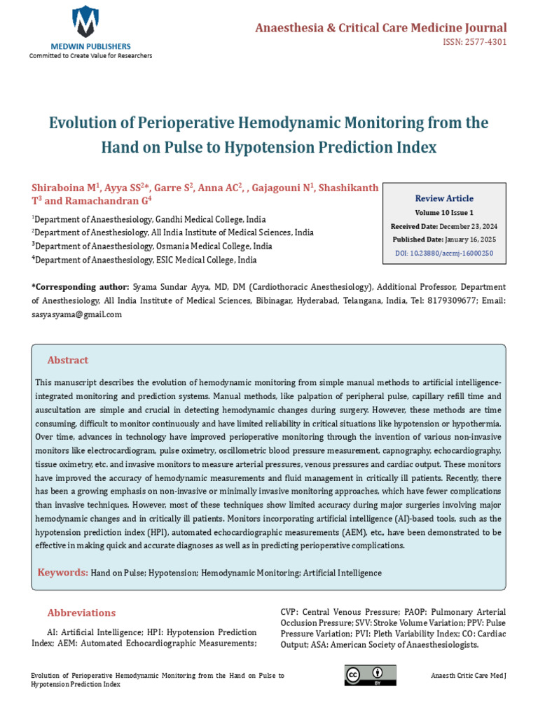 Evolution of Perioperative Hemodynamic Monitoring From The Hand On ...