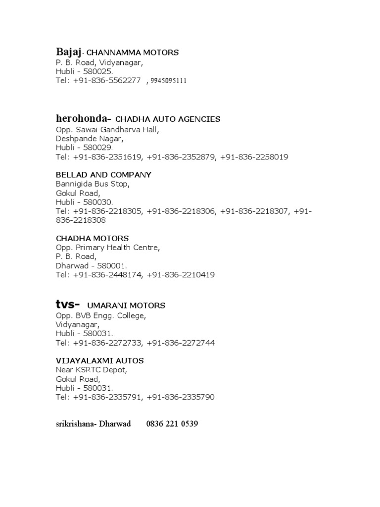 Hubli-Dharwad Auto Dealers List | PDF