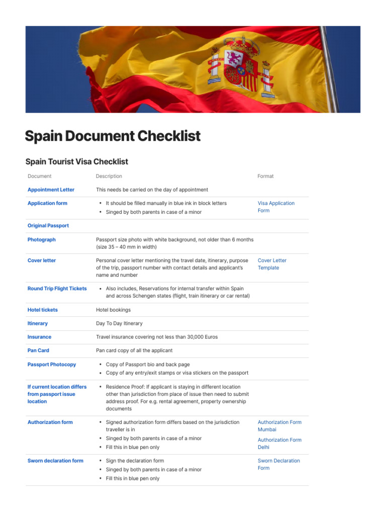 Spain Visa Application Document Checklist | PDF | Travel Visa | Passport