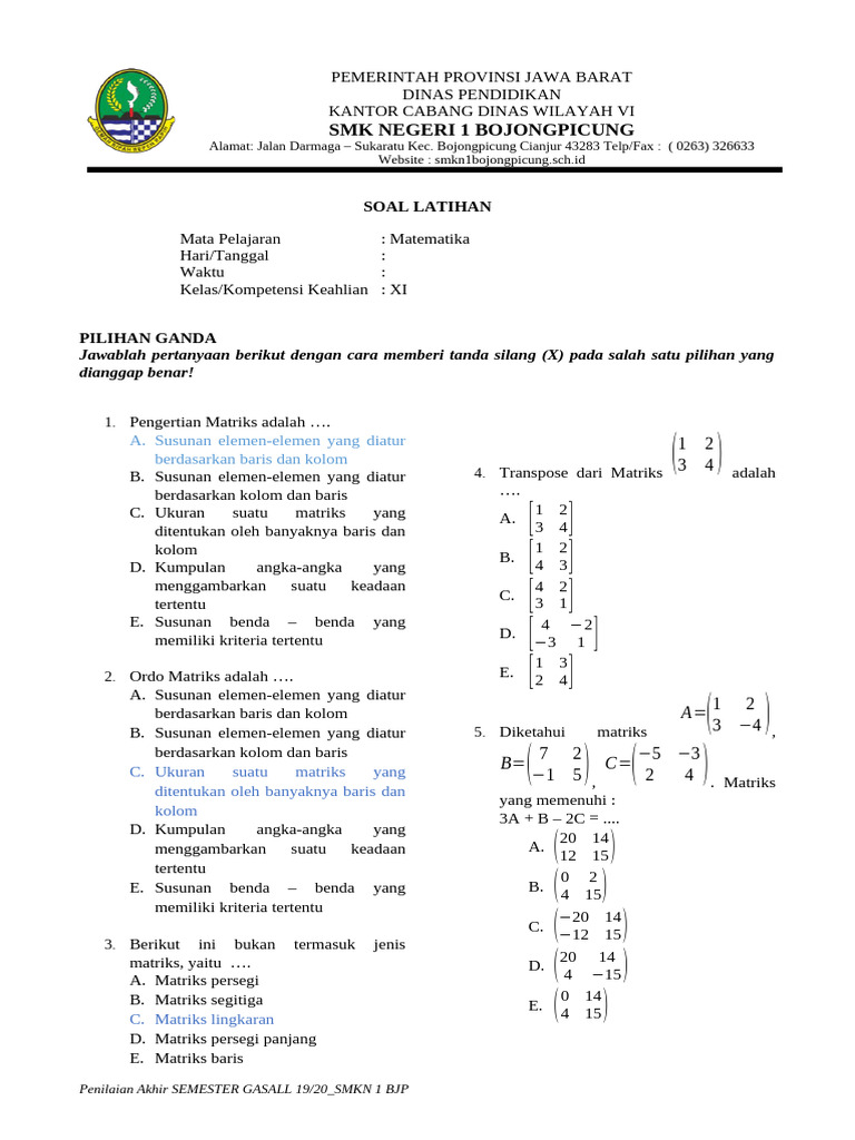 Soal Latihan MTK Xi Matriks | PDF
