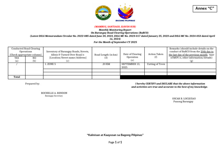 Annex C_Barangay BaRCO Monthly Monitoring Report Template With PB's Certification_073611 | PDF