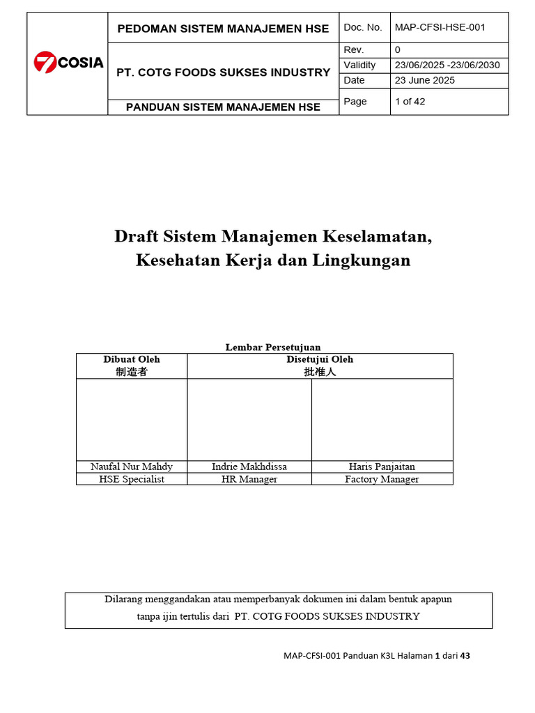 Pedoman HSE PT Cotg Foods | PDF