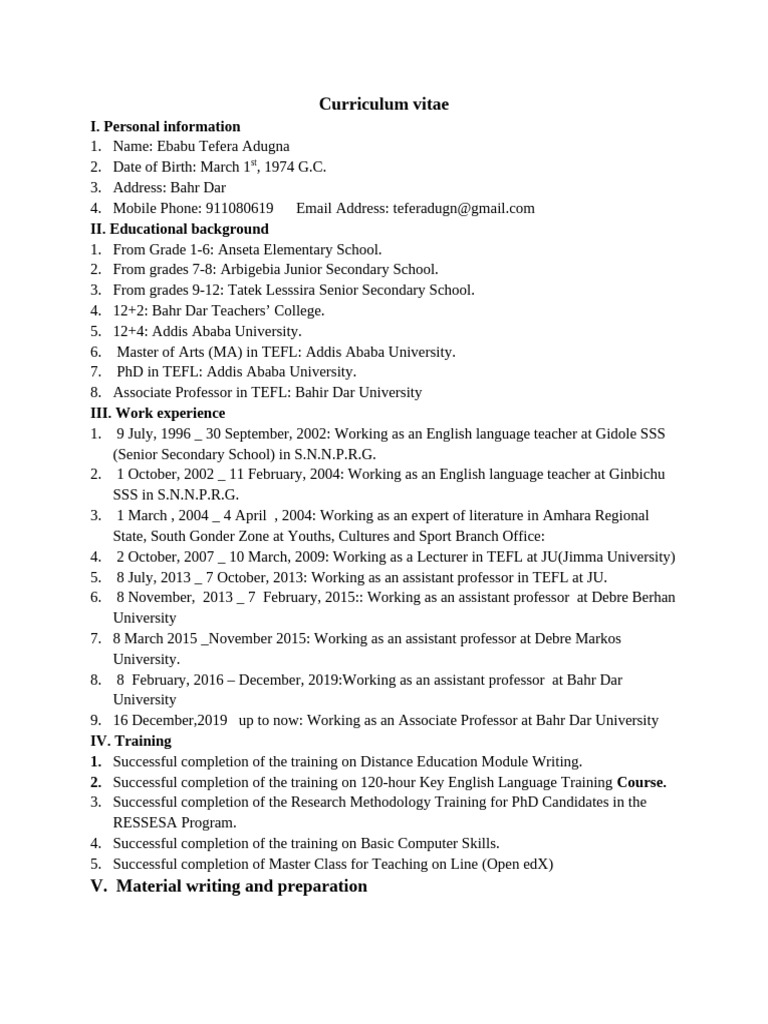 Curriculum Vitae of Ebabu Recent | PDF | English As A Second Or Foreign ...