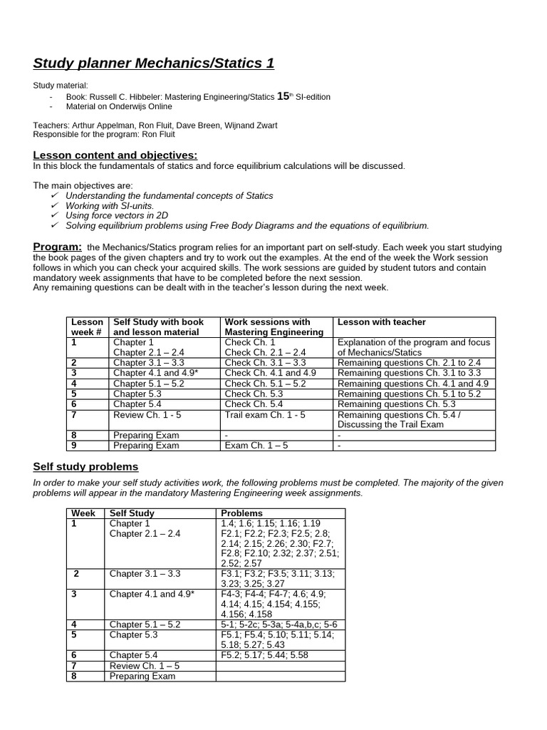 Mechanics/Statics 1 Study Planner | PDF | Force | Applied And ...