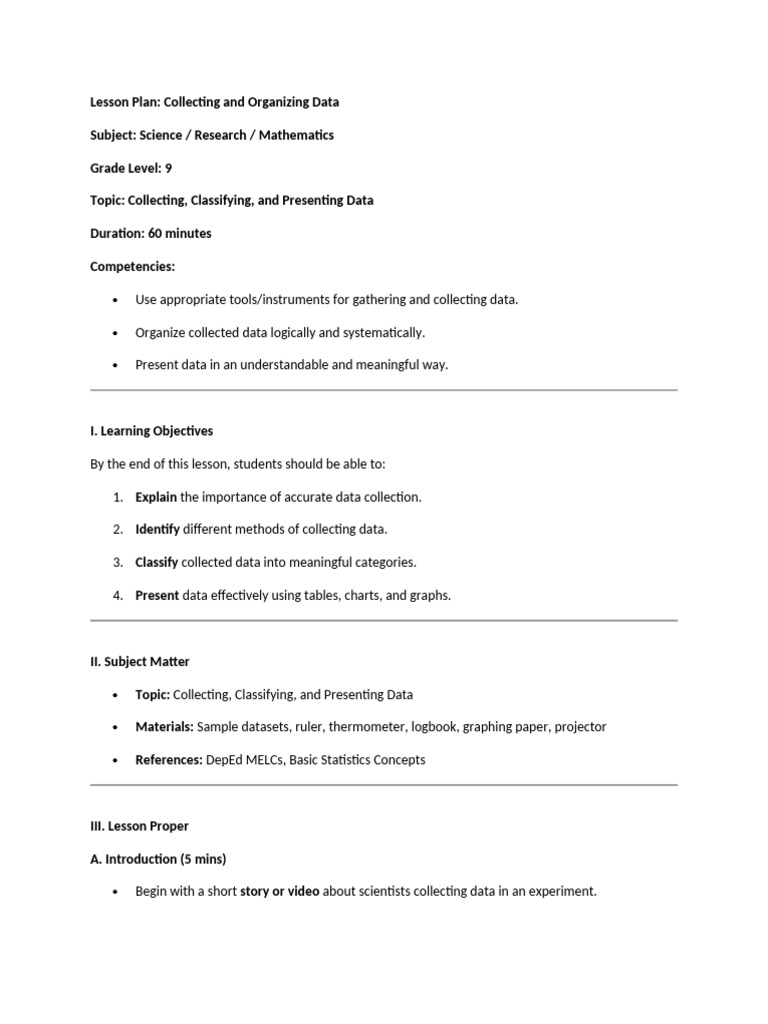 Lesson Plan in Research Collecting Data | PDF | Data | Survey Methodology