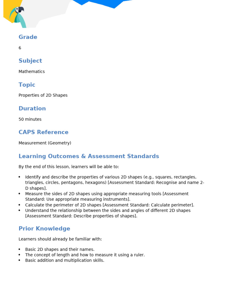 Properties of 2D Shapes for Grade 6 | PDF | Shape | Geometry