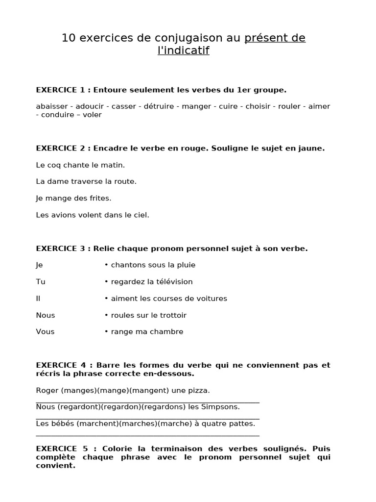 Exercices de conjugaison au présent | PDF | Verbe | Morphologie ...