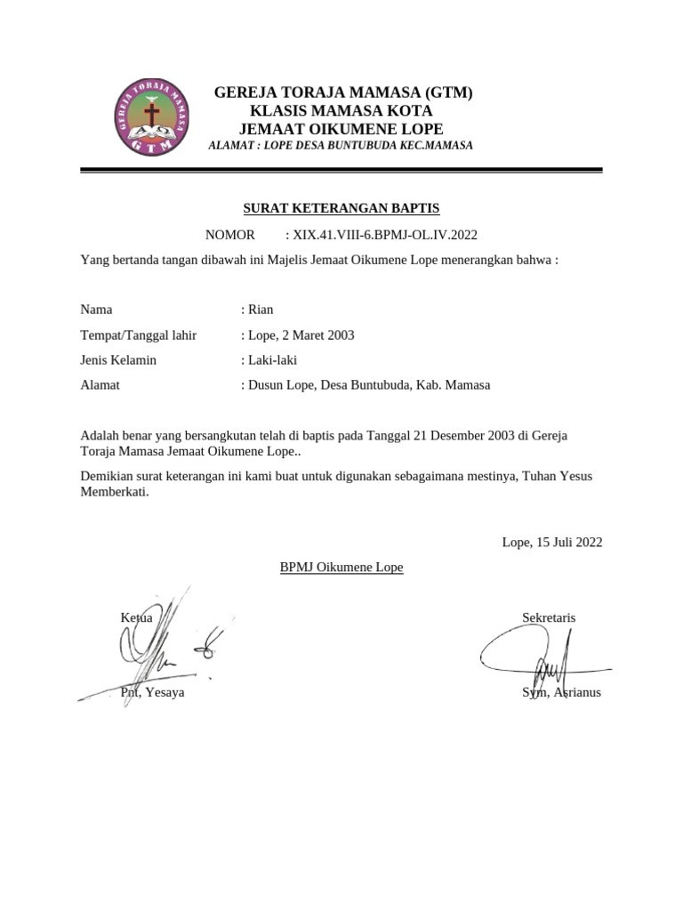 Surat Keterangan Baptis Rian | PDF