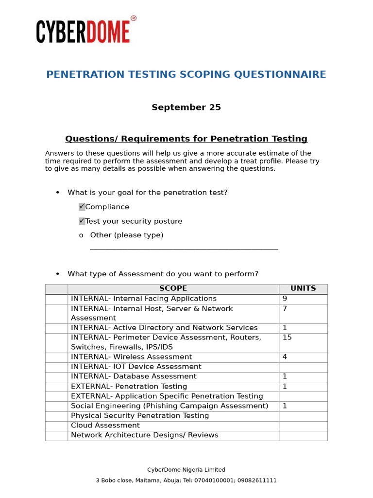 Penetration Testing Scoping Questionnaire | PDF | Computer Network ...