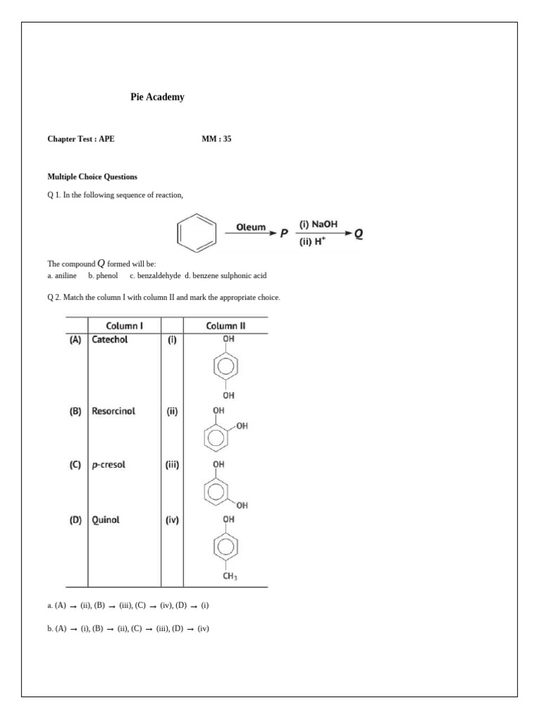 CH 7 Alcohols Phenols and Ethers - Test | PDF | Ether | Organic Compounds