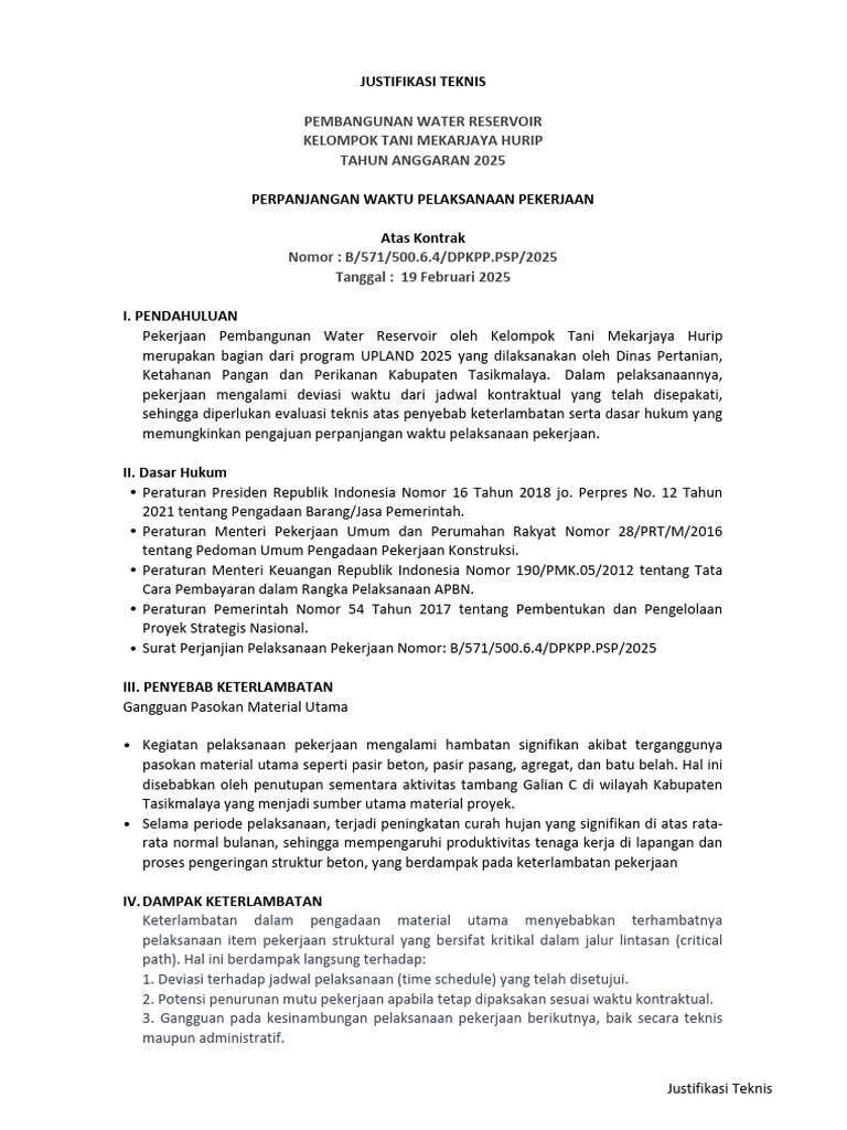 Justek Perpanjangan Waktu Pelaksanaan Pekerjaan | PDF