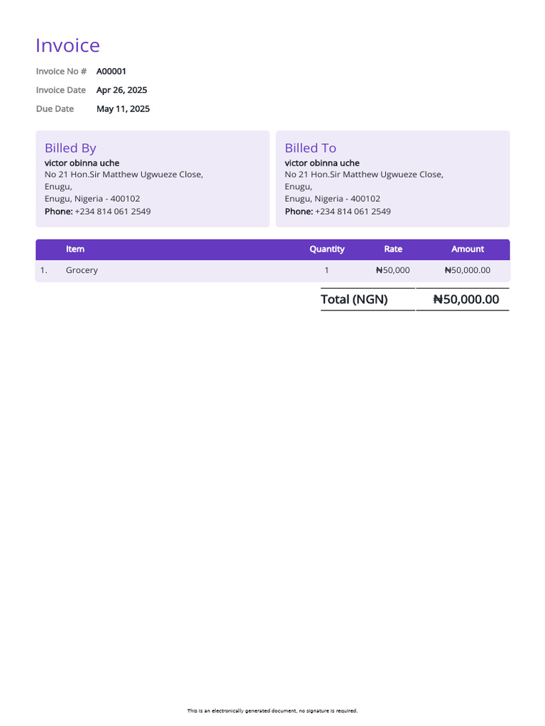 Invoice A00001 Victor Obinna Uche Victor Obinna Uche | PDF