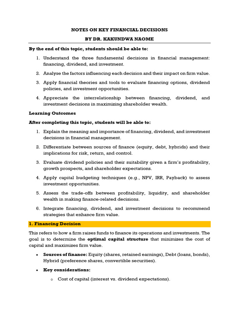 Key Financial Decisions Explained | PDF | Net Present Value | Capital ...
