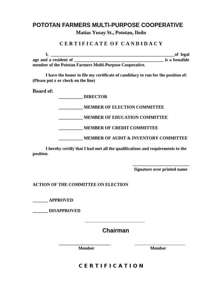 Pototan Farmers Cooperative Candidacy Form | PDF