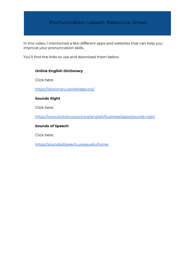 Pronunciation Resource Sheet | PDF