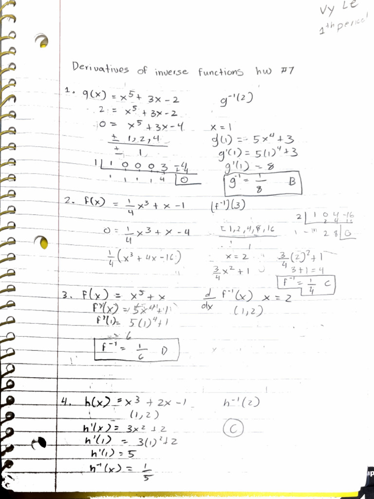 Derivatives of Inverse Functions HW #7 | PDF