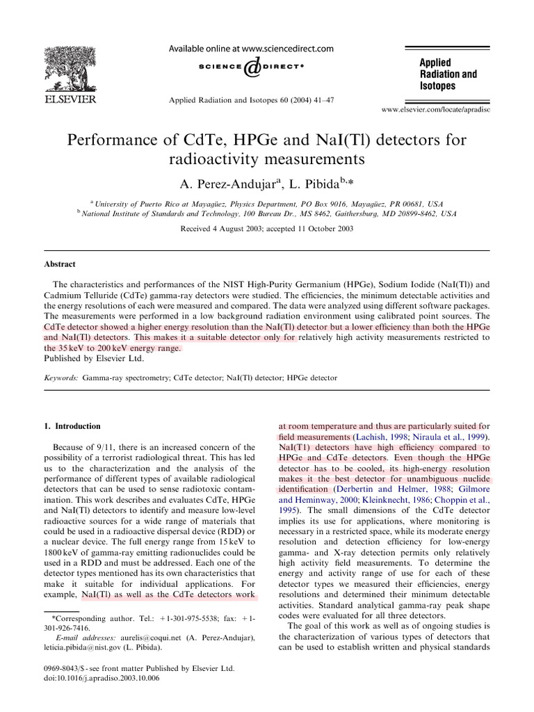 Performance of CdTe, HPGe and NaI (TL) Detectors For Radioactivity ...