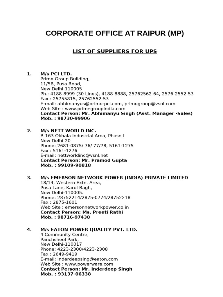 UPS Supplier List for Raipur Office | PDF