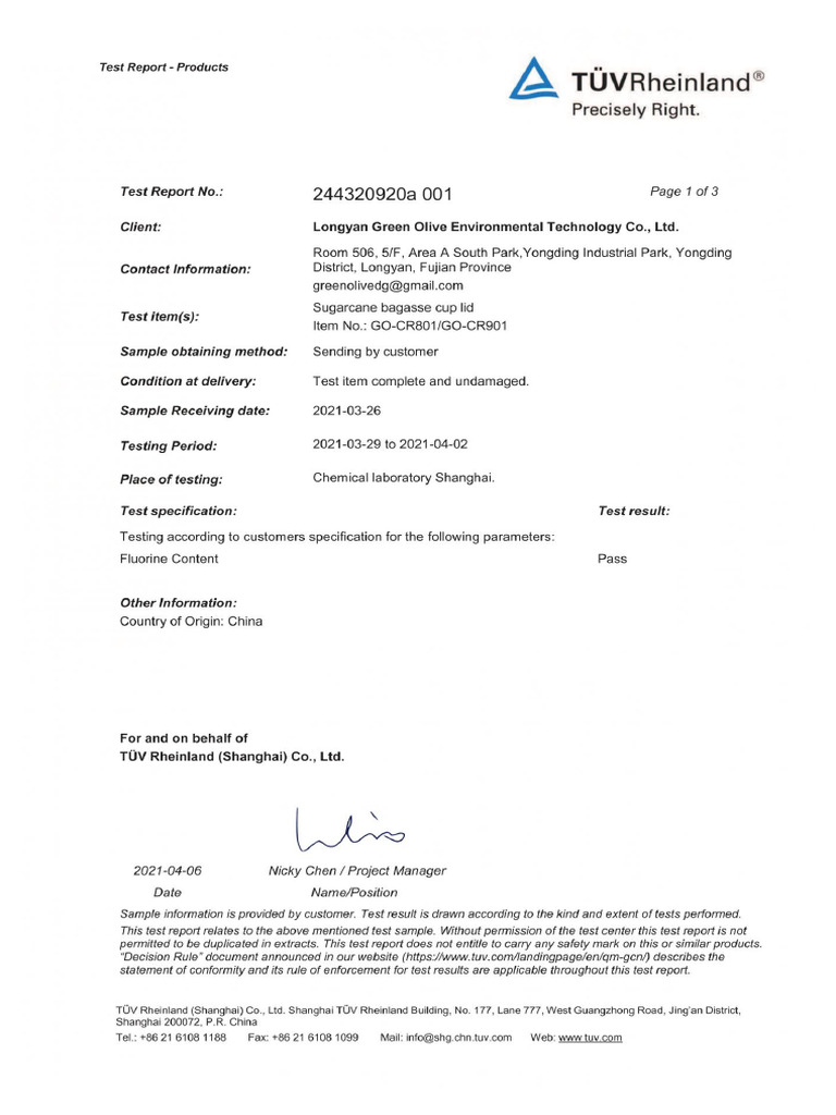 Test Report Fluorine Tuv Rheinland Shanghai-1 | PDF