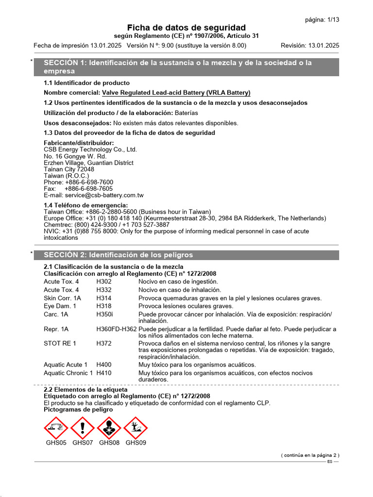 SDS CSB 008 VRLAPP ES西 009 | PDF | Toxicidad