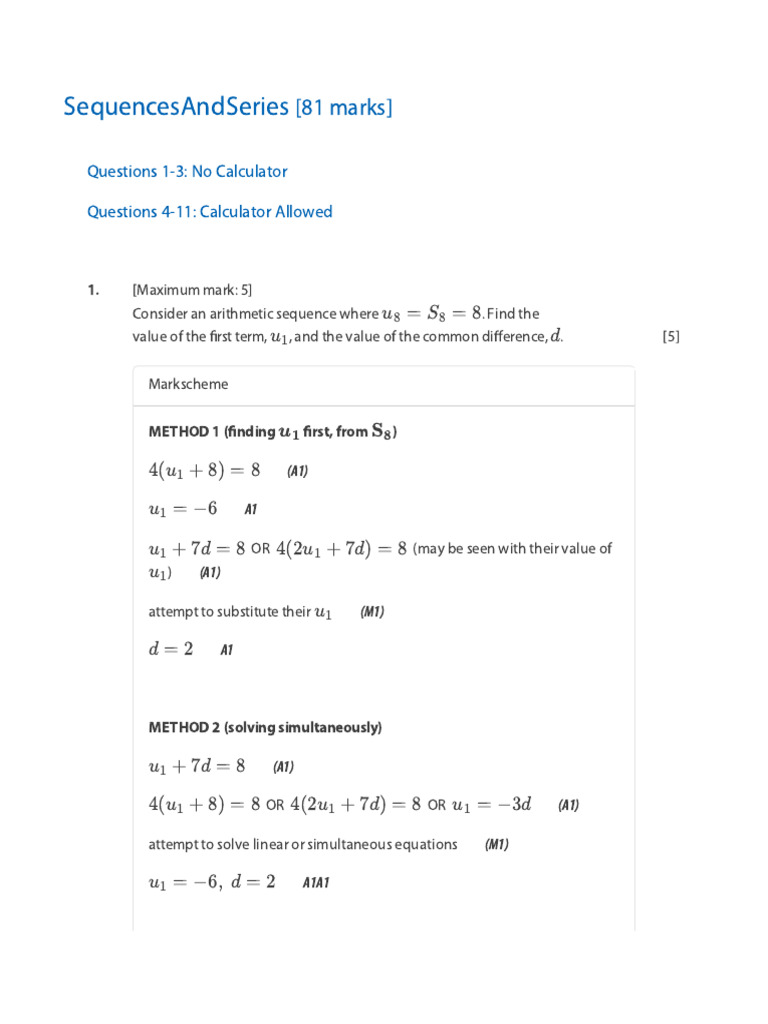 Sequences and Series Markscheme | PDF | Inequality (Mathematics) | Equations