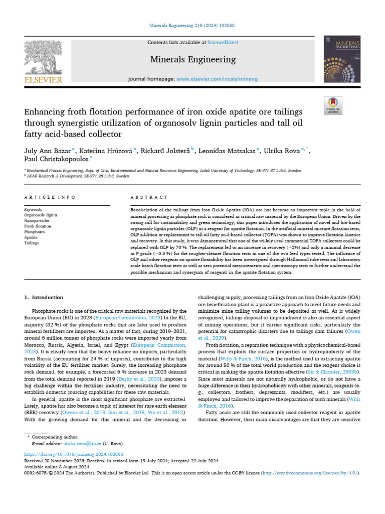 July Paper Enhancing Froth Flotation Performance of Iron Oxide Apatite ...