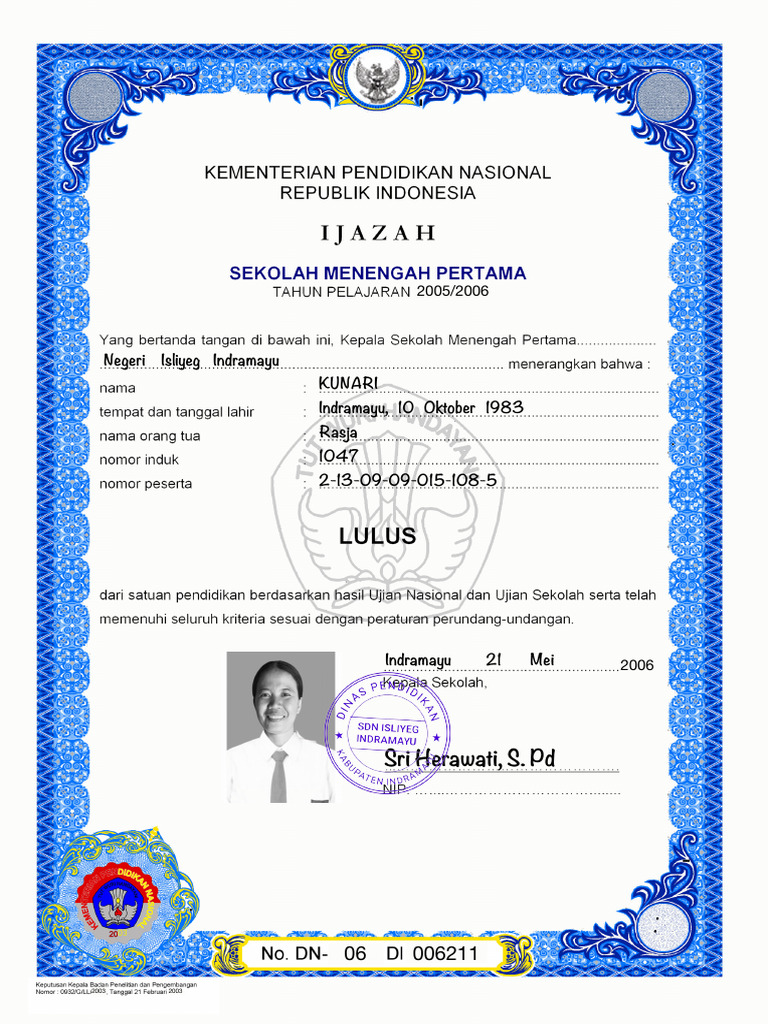 Blangko Ijasah SMP 2011 1 | PDF