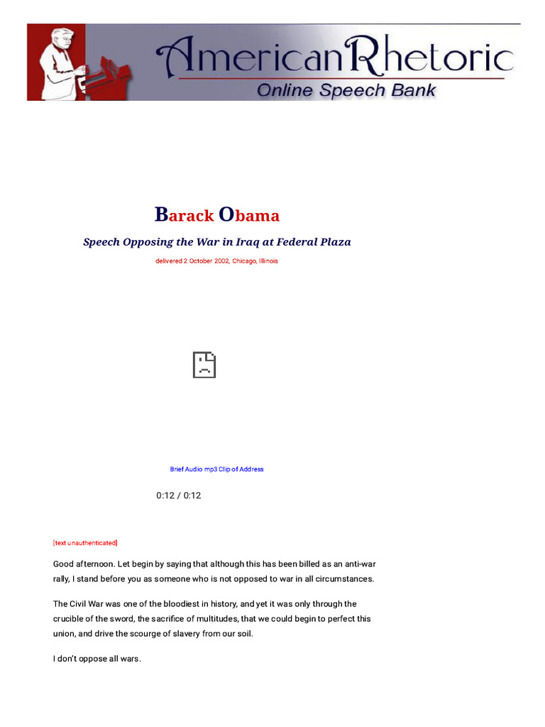 American Rhetoric - Barack Obama - Speech On The Iraq War at Federal ...