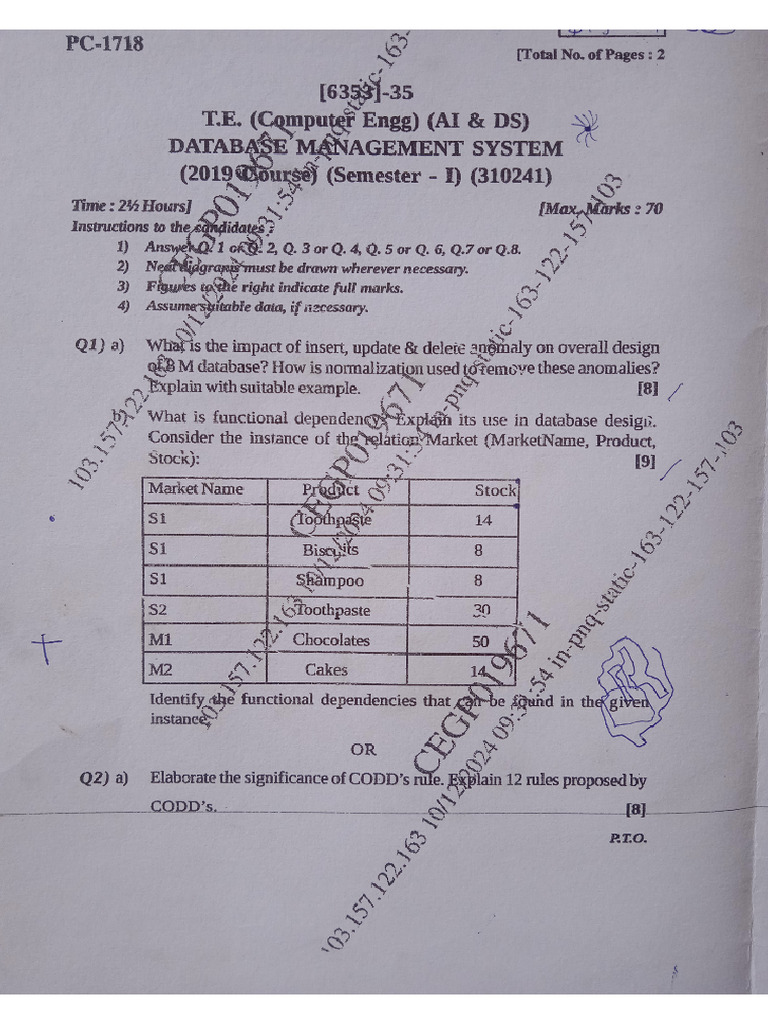 TE Computer Engineering DBMS Nov Dec 2024 | PDF