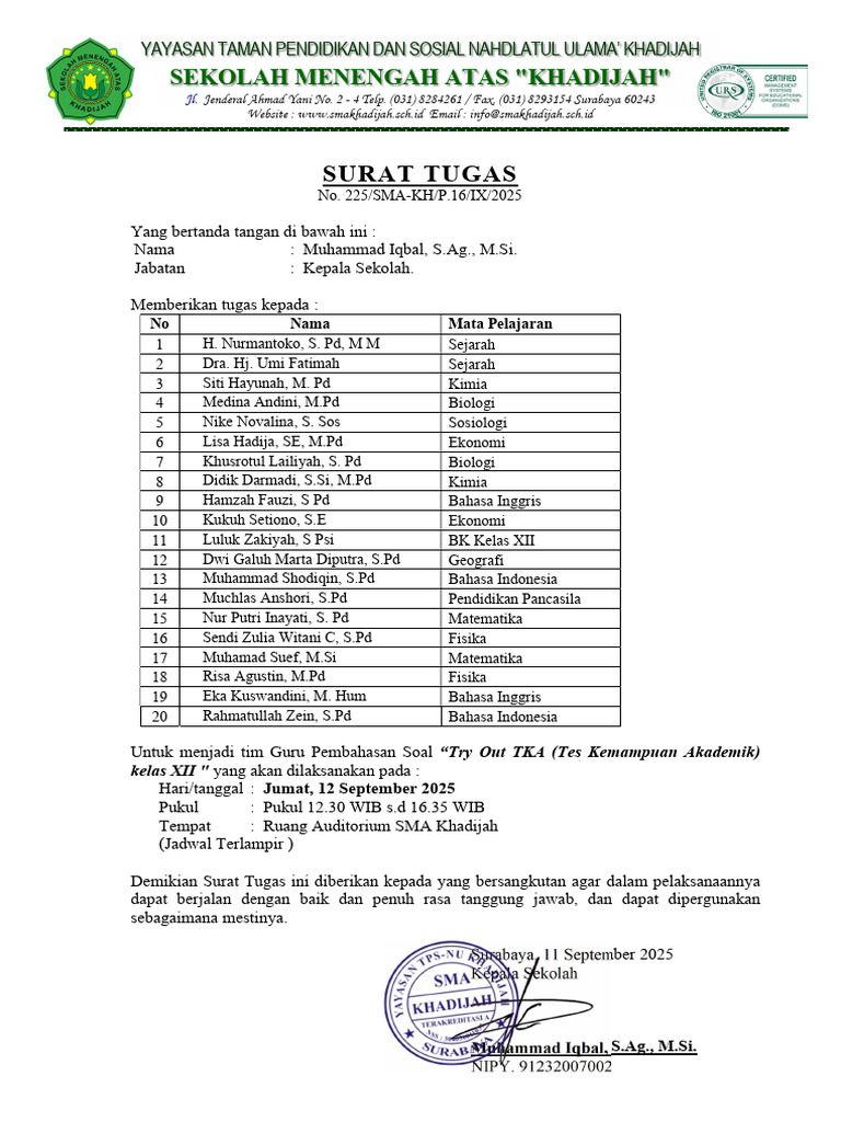 Surat Tugas Try Out Kelas XII SMA Khadijah | PDF