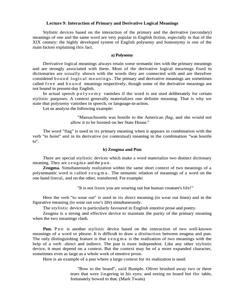 Lecture 9 Polysemy, Zeugma, Pun | PDF | Grammar | Lexical Semantics