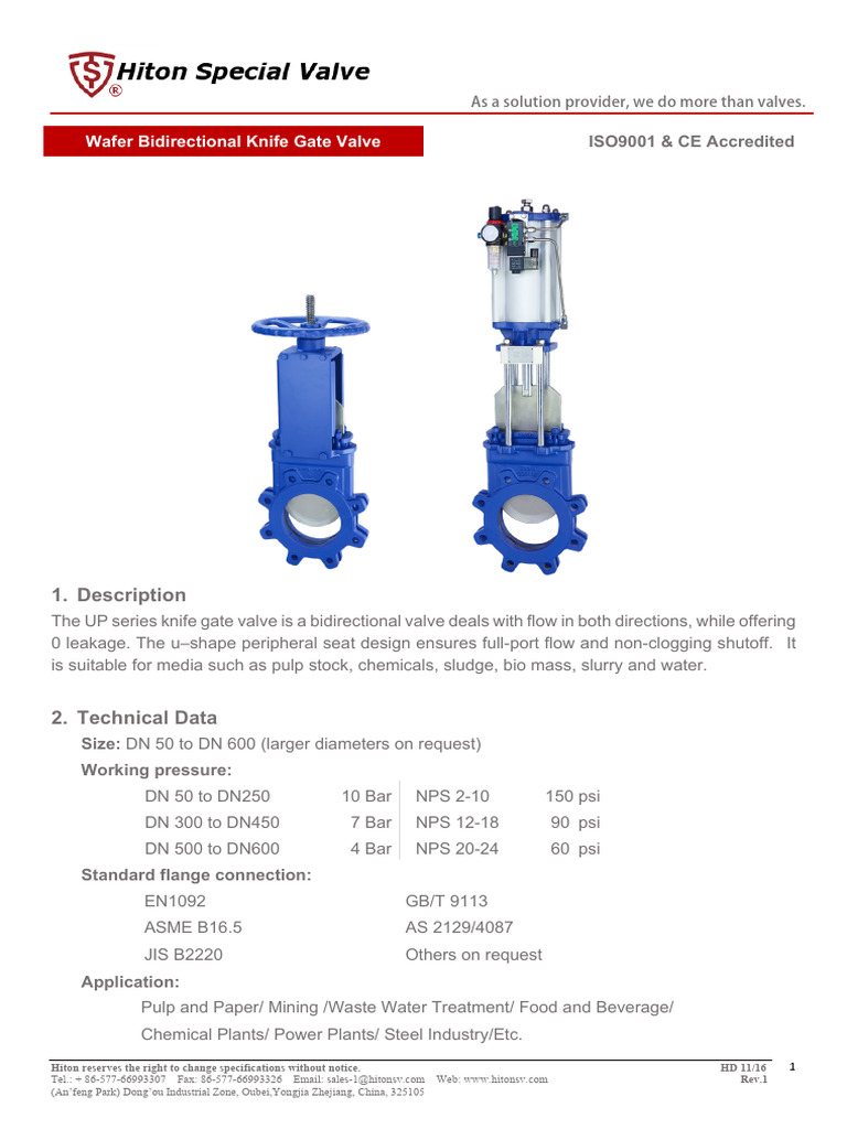 UP Series Bidirectional Knife Gate Valve | PDF | Valve | Manual ...