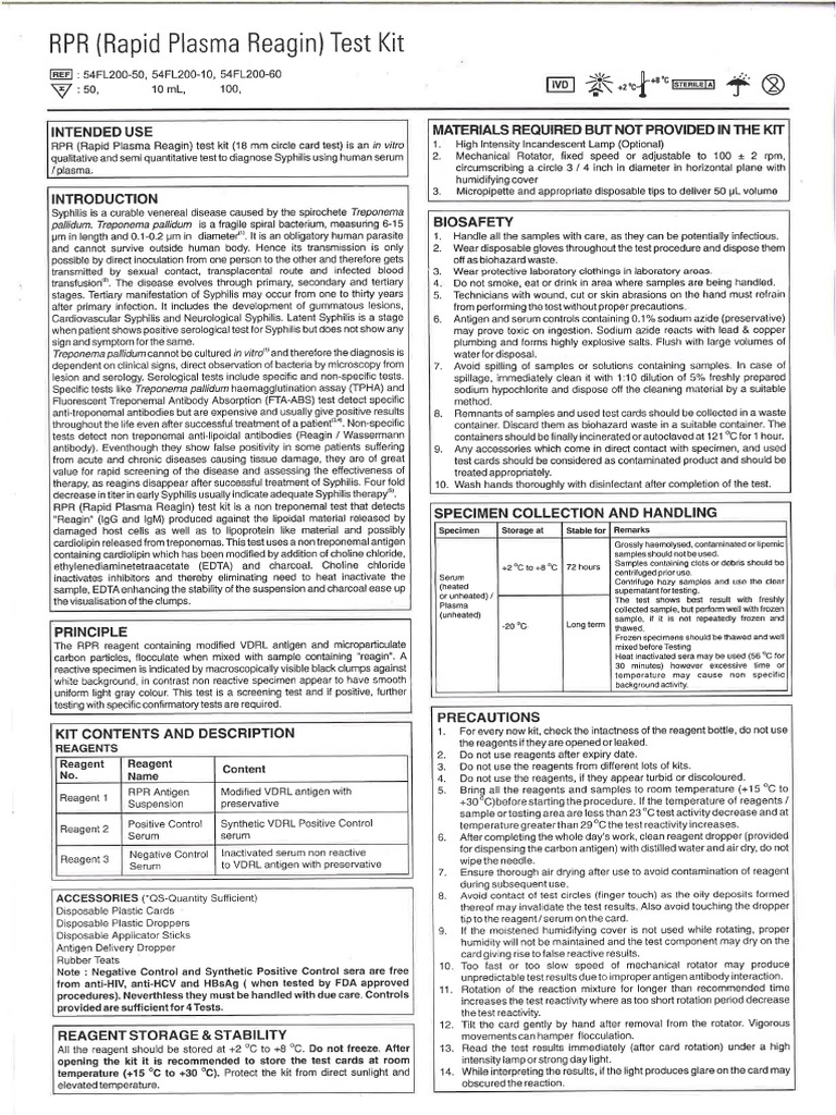 RPR (Rapid Plama Reagin) Test Kit - Arkray Health Care | PDF