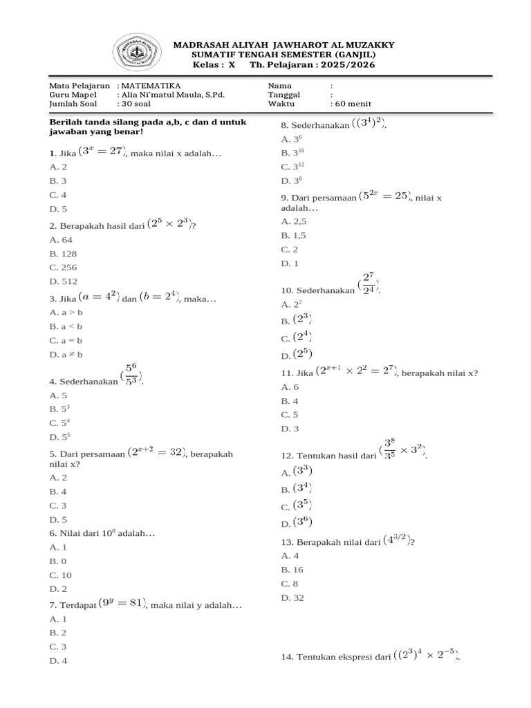 Soal STS MTK Ganjil 10 | PDF