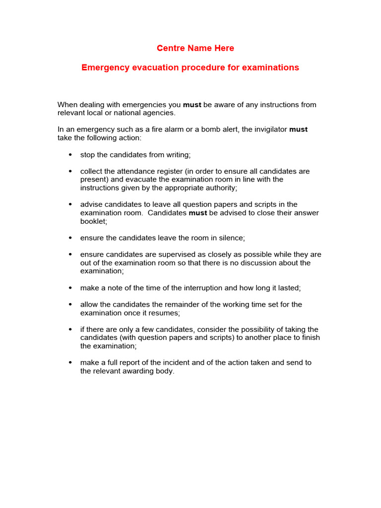 Emergency Evacuation Procedure for Exams | PDF