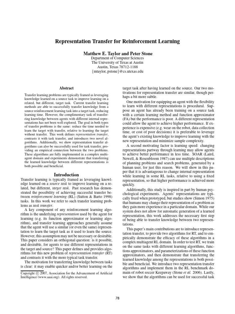 Representation Transfer For Reinforcement Learning 2007 | PDF | Learning | Cognitive Science