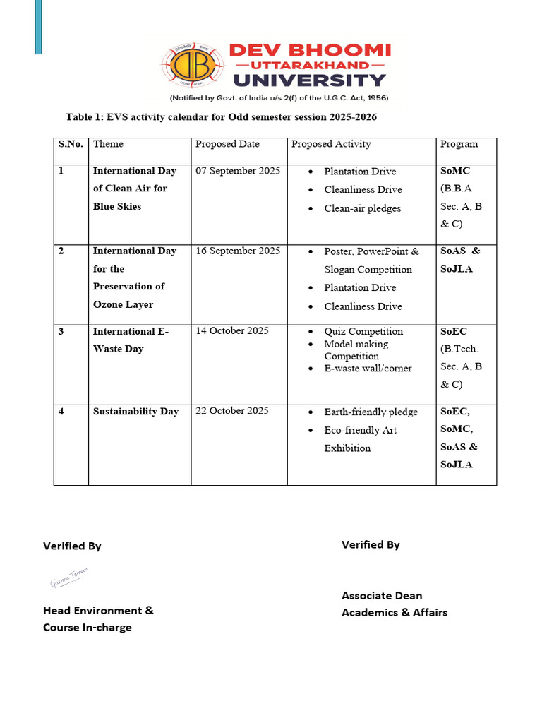 EVS Activity Calendar 2025-2026 | PDF