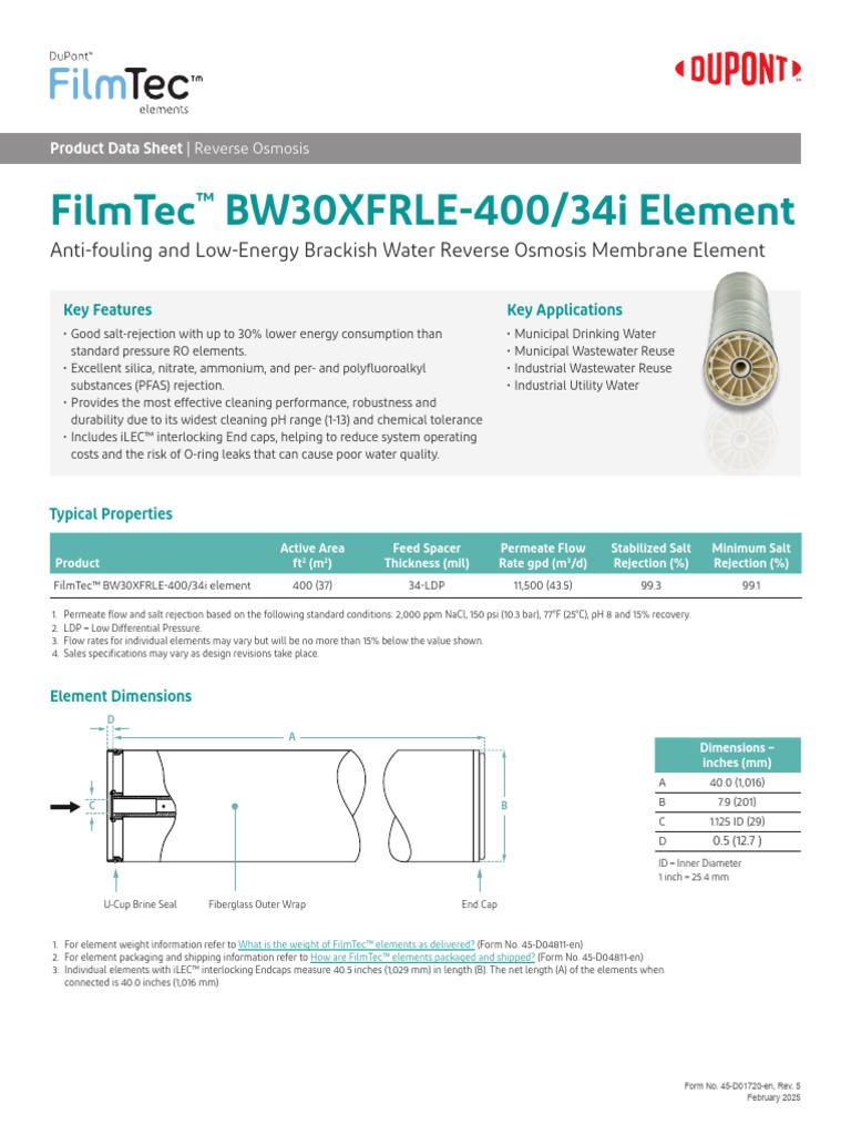 FilmTec™ BW30XFRLE-400 - 34i Element Product Data Sheet | PDF ...