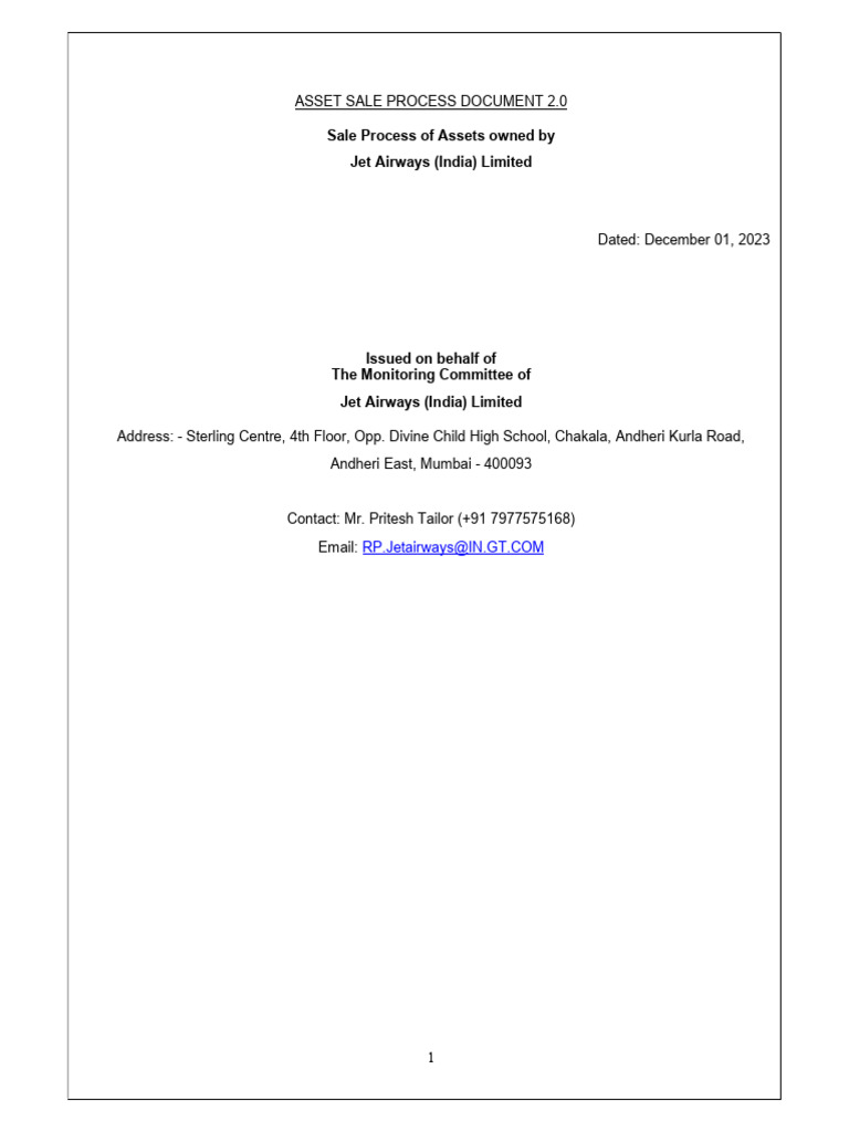 Jet Asset Sale Process Document 2.0 Sale of Luxury Cars | PDF ...