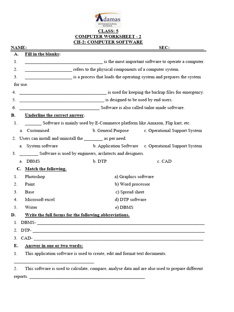 Computer Software Worksheet for Class 5 | PDF | Databases | Software